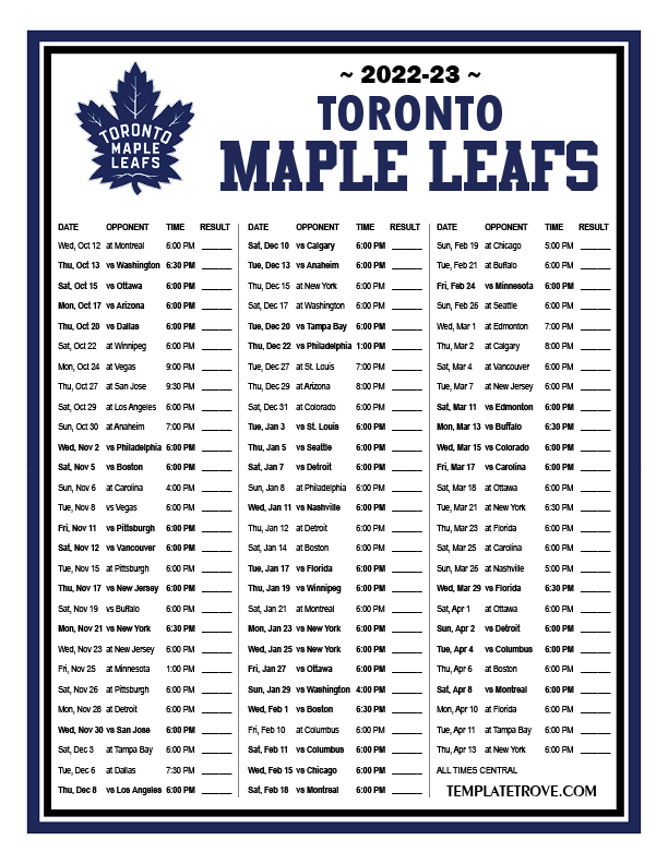 Printable 2022 2023 Toronto Maple Leafs Schedule Printable Leaves Printable 2022 2023 Toronto Maple Leafs Schedule Printable Leaves